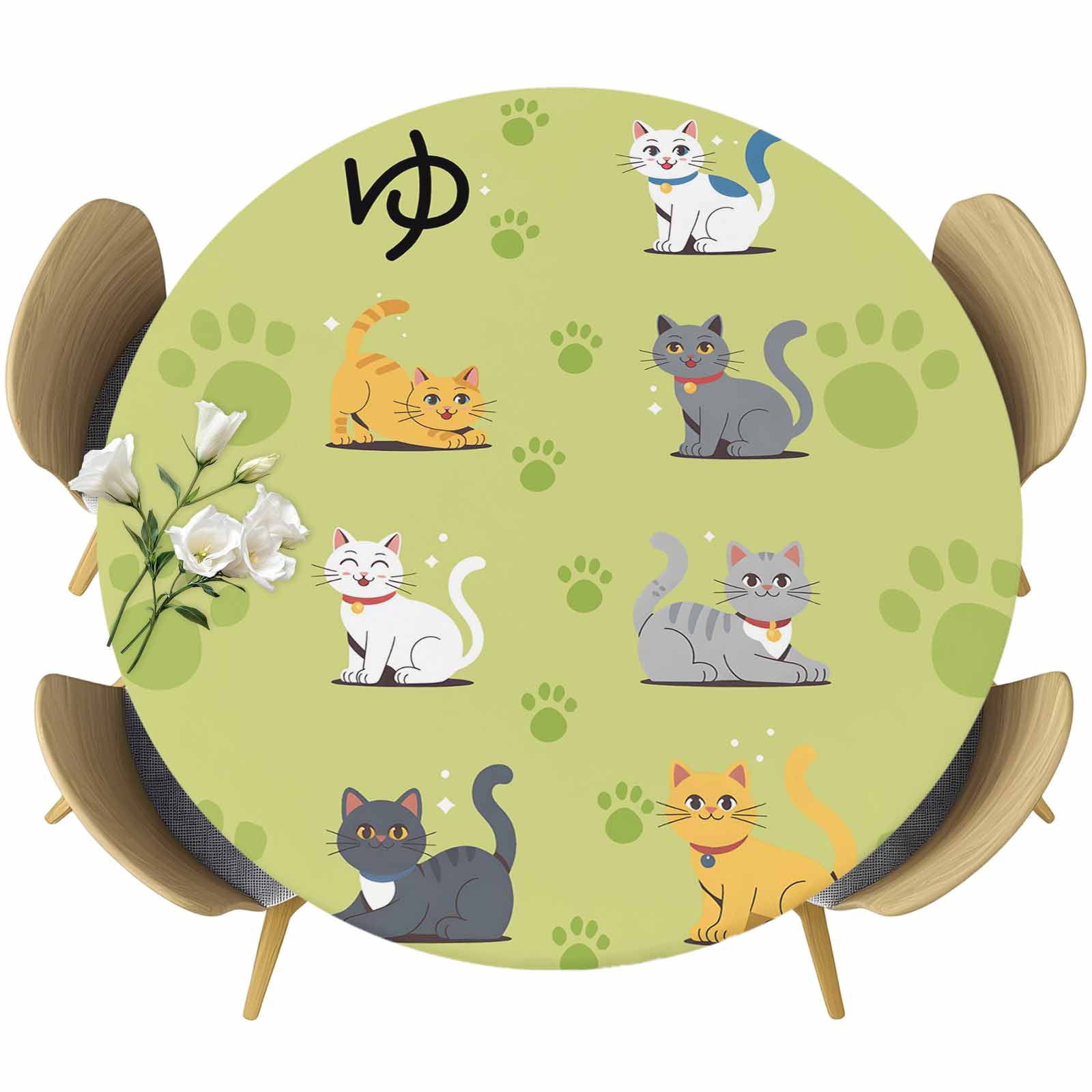 Cartoon Cats Round Tablecloth, Fitted Table Cover with Elastic for 36 ...