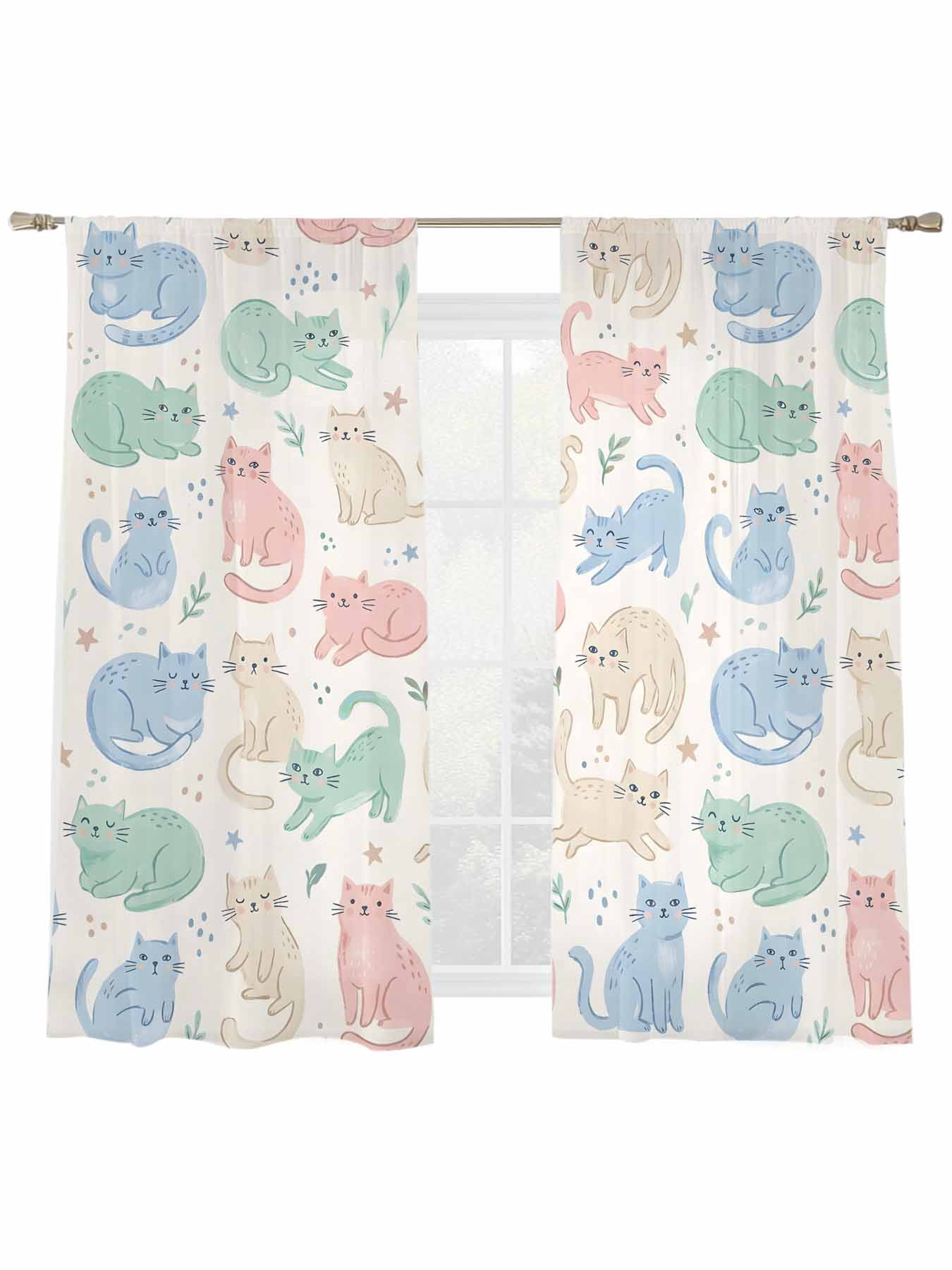 Cartoon Cats Sheer Curtains 2 Panels Set Pink Blue Green Cat Animals ...