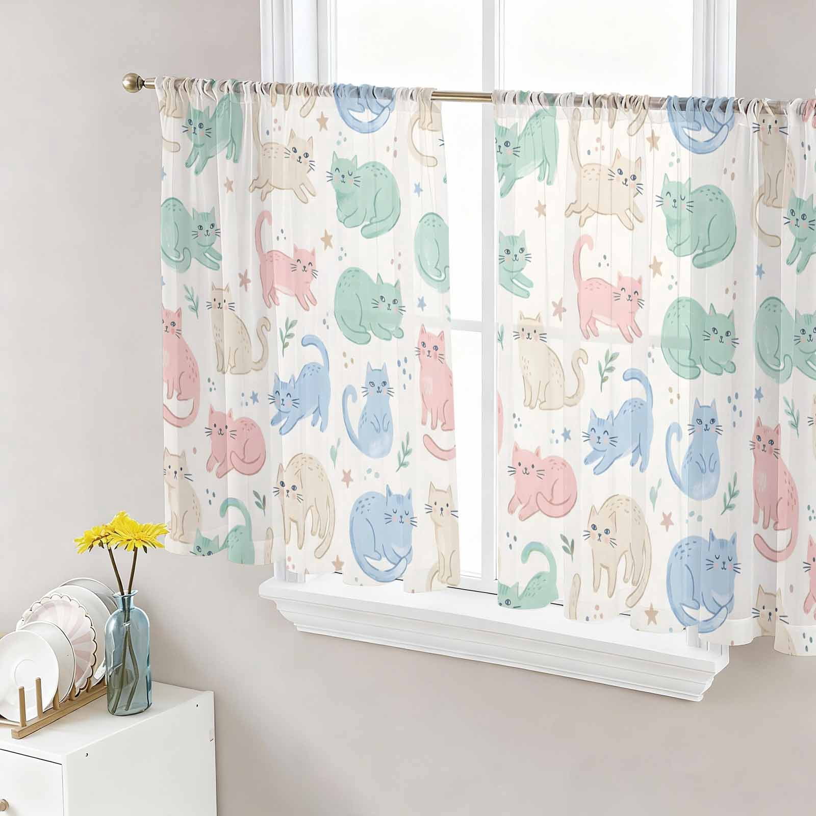 Cartoon Cats Sheer Curtains 45 Inch Length 2 Panels Set, Modern Cute ...