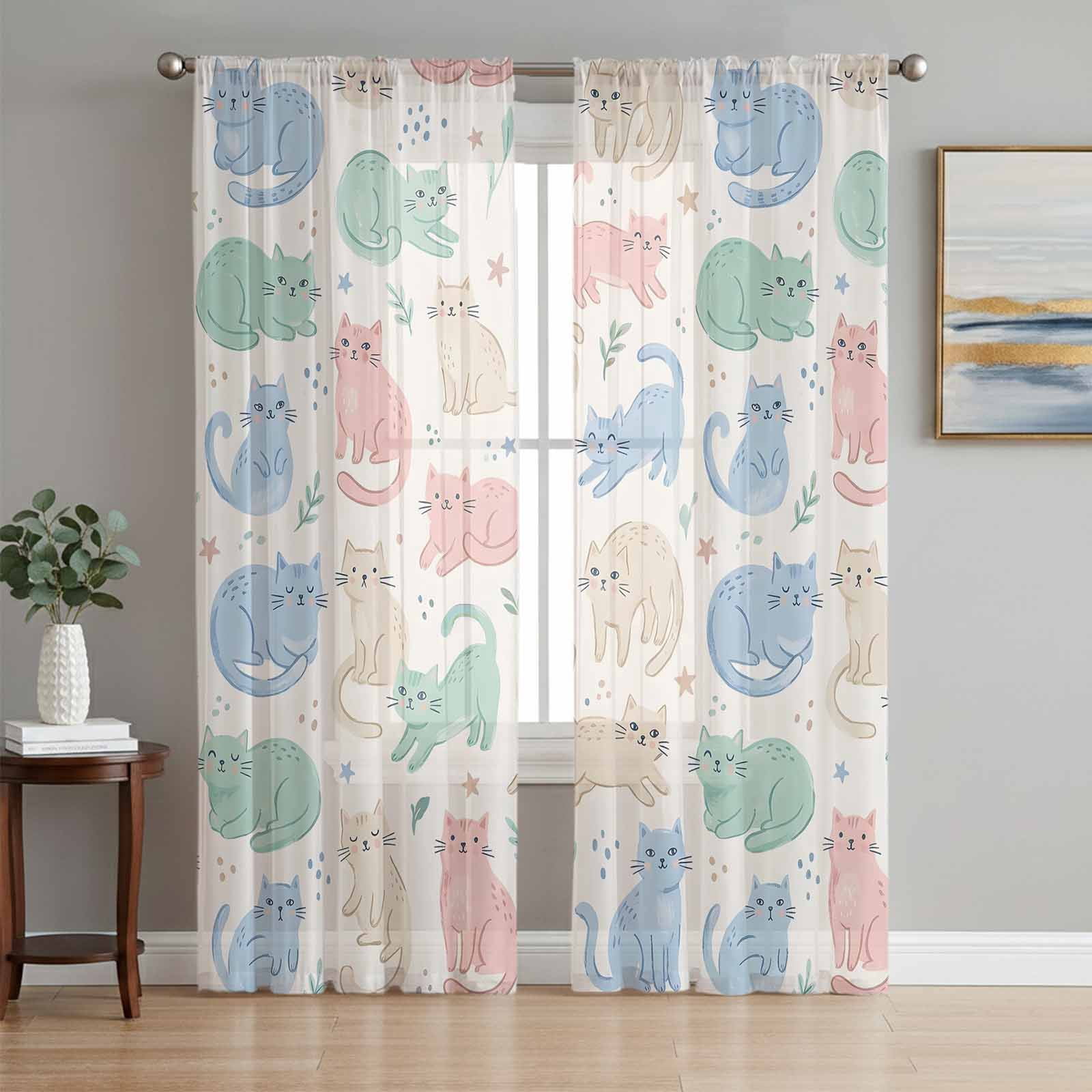 Cartoon Cats Sheer Curtains for Living Room Bedroom, Pink Blue Green ...