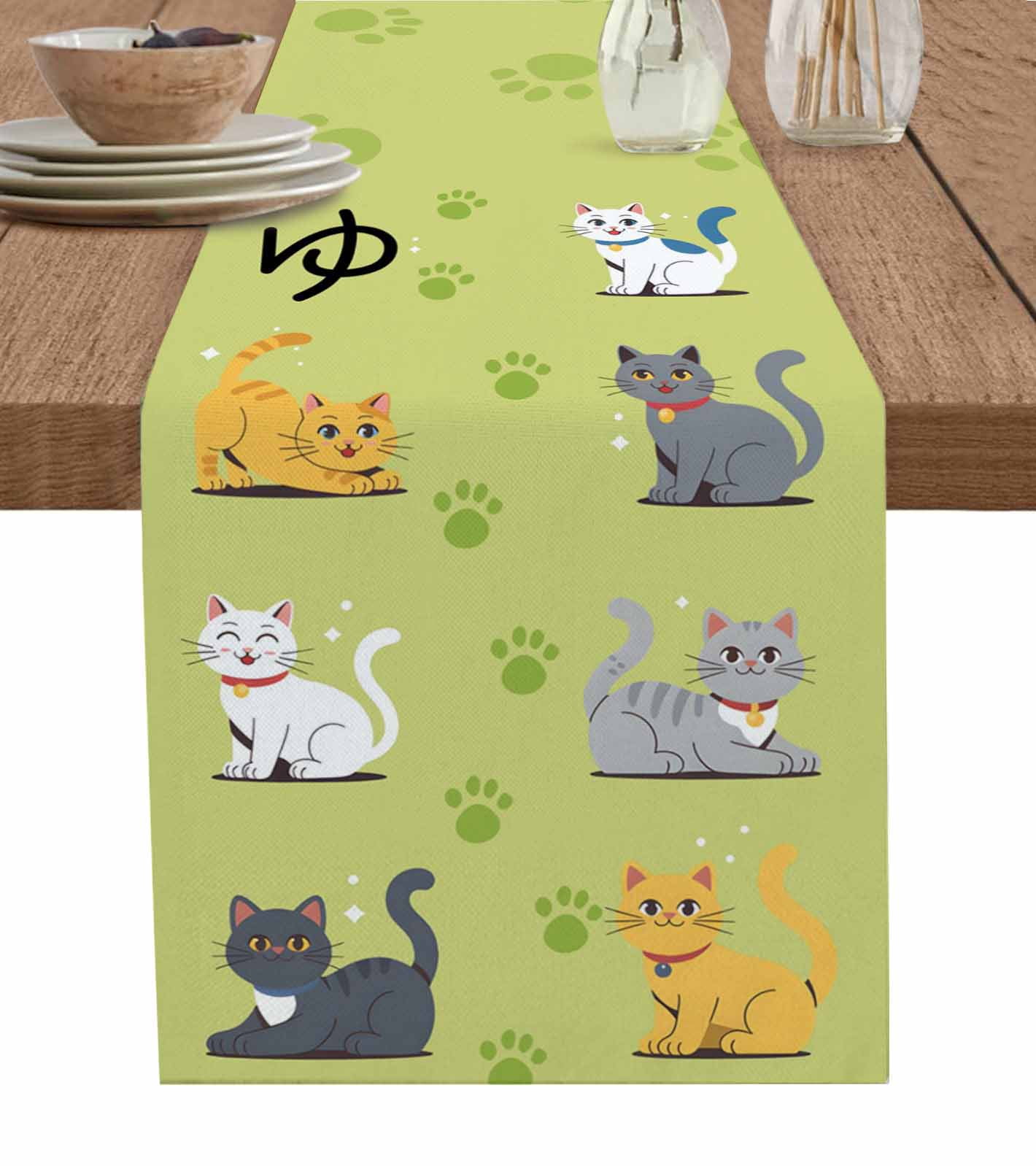 Cartoon Cats Table Runner 72 Inches, Funny Japanese Cute Animals Paw ...