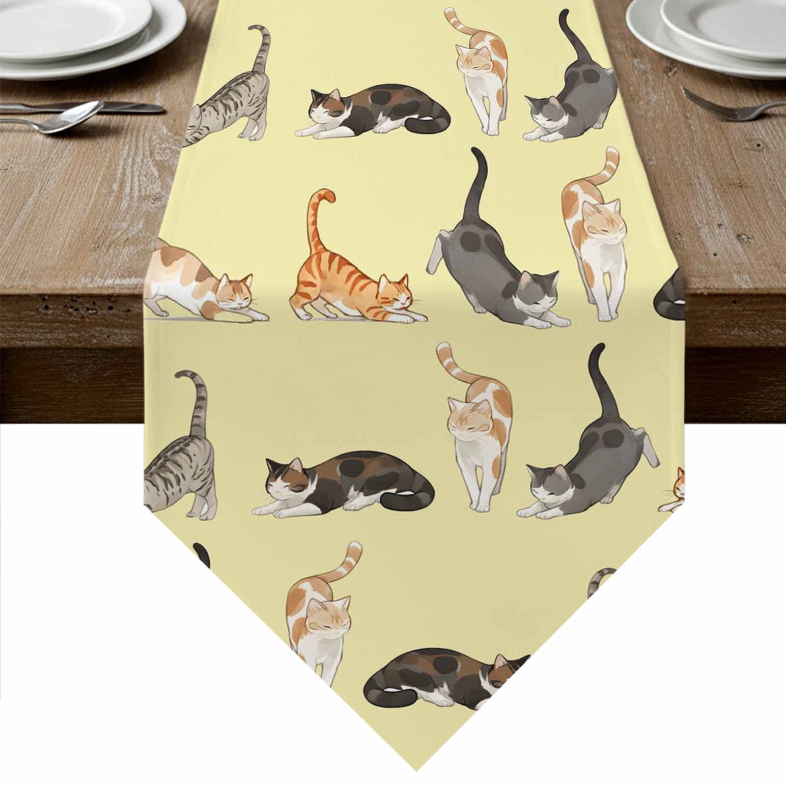 Cartoon Cats Table Runner Linen Burlap Table Runner 108 Inches Long ...