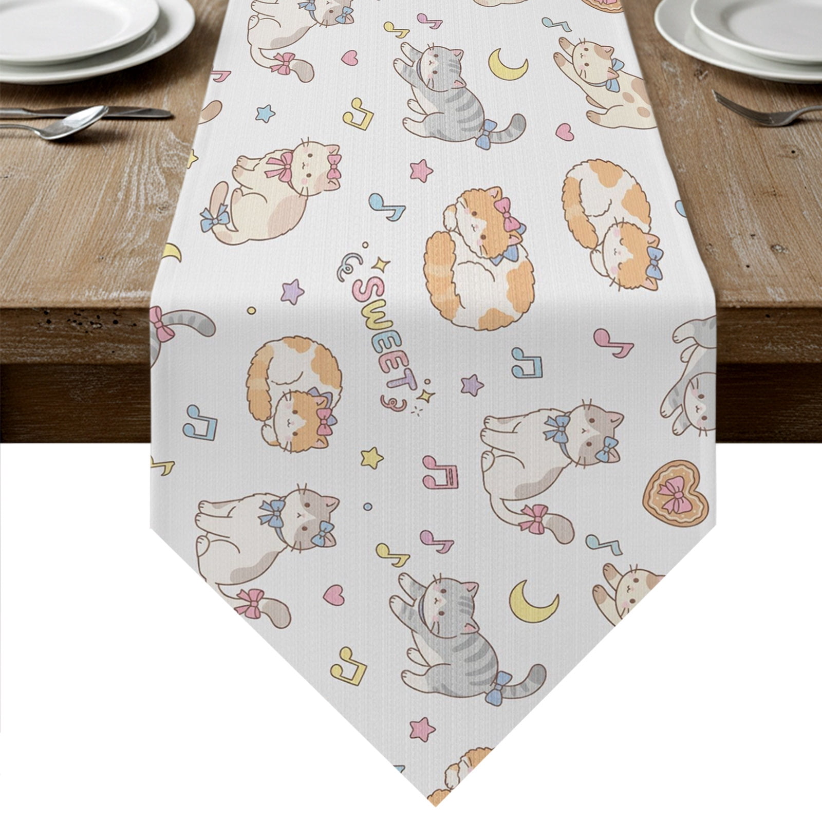Cartoon Cats Table Runner Linen Burlap Table Runner 48 Inches Long Cute ...