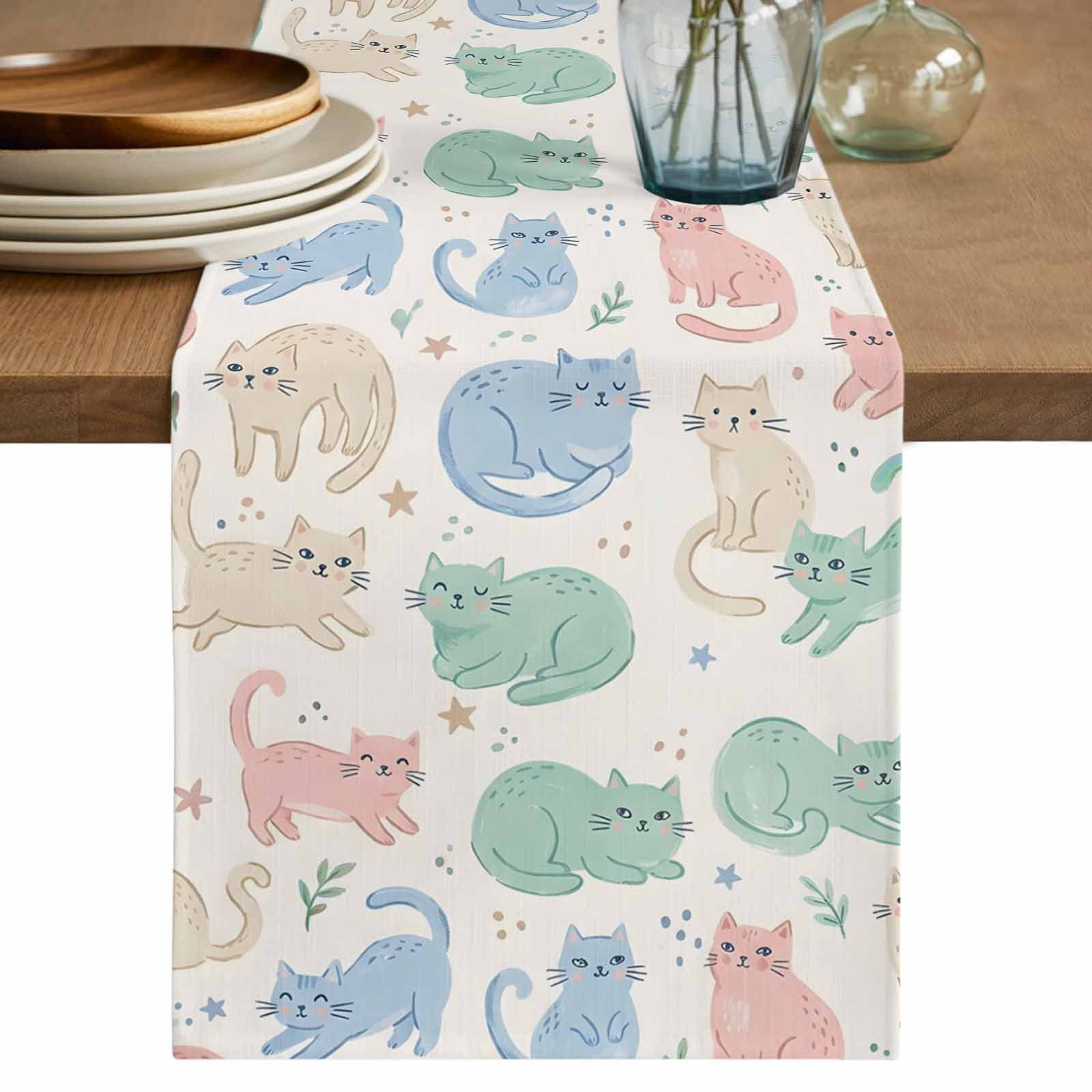 Cartoon Cats Table Runner, Modern Cute Colorful Cats Animals Washable ...