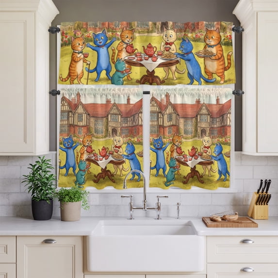 Cartoon Cats Tea Party Curtain Tier and Valance Set 3 Piece,Garden ...