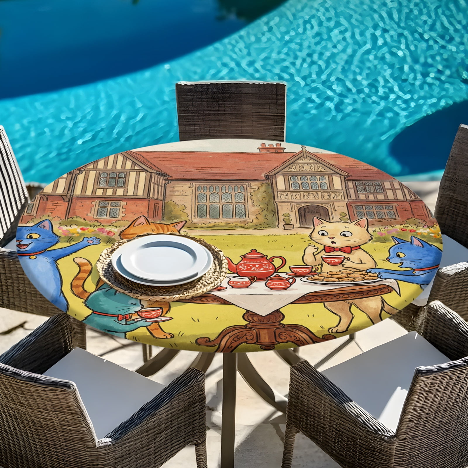 Cartoon Cats Tea Party Round Fitted Tablecloth with Elastic Edge ...