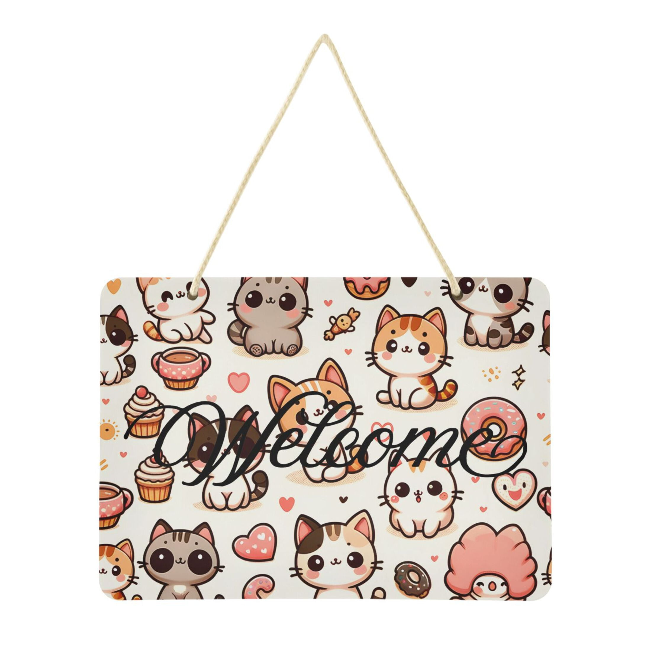 Cartoon Cats and Dessert Welcome Sign Front Door PVC 14x10 inch Hanger ...