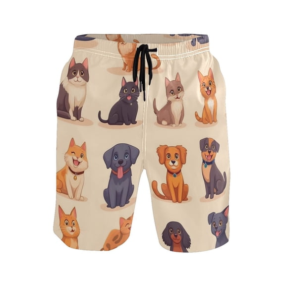 Cartoon Cats and Dogs Pattern Mens Swim Trunks Quick Dry Board Shorts ...