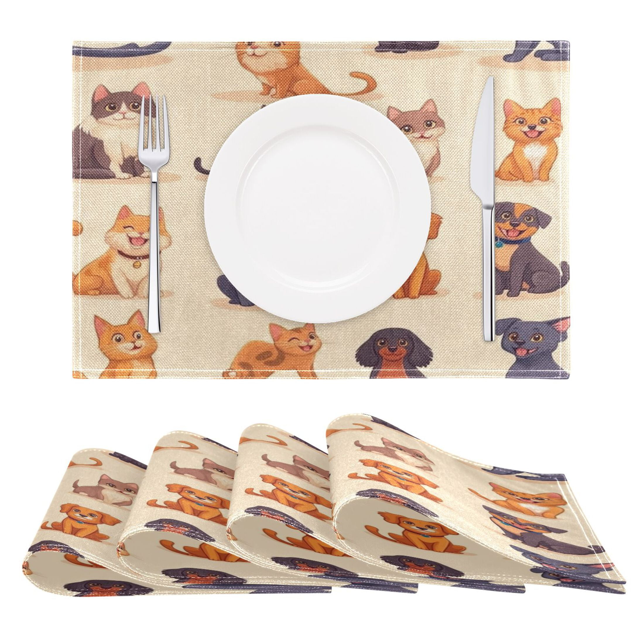 Cartoon Cats and Dogs Pattern Reversible Placemat Set of 4 Non Slip ...