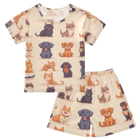 Cartoon Cats and Dogs Pattern Summer Pajama Set Soft Cotton Short ...