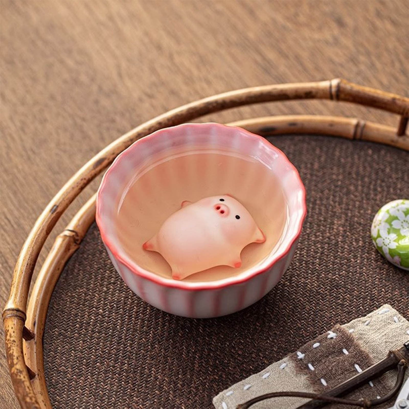 Cartoon Ceramic Pig Tea Pet - Cherry Pink Tea Cup + Spit Bubble Pig ...