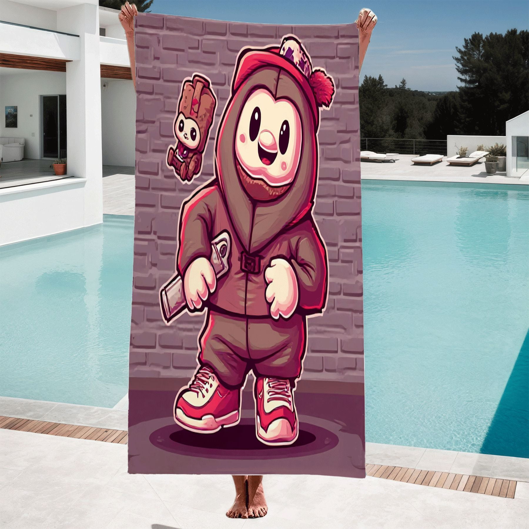 Cartoon Character Bath Towel - Fun Brown Outfit Design with Hood Red ...