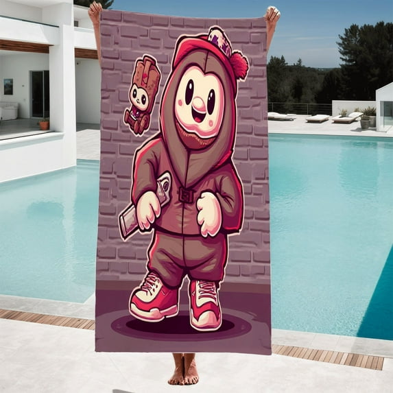 Cartoon Character Bath Towel - Fun Brown Outfit Design with Hood Red ...