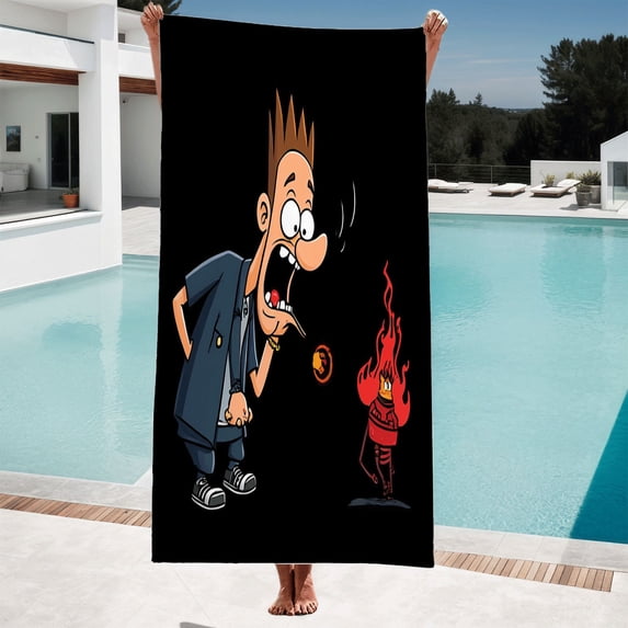 Cartoon Character Beach Towel - Spiky Brown Hair & Red Flame Figure ...