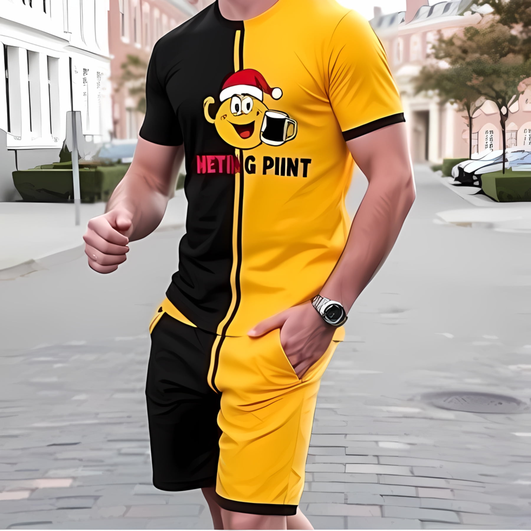 Cartoon Character Yellow & Black T-Shirt and Shorts Set - Fun 'HETING ...
