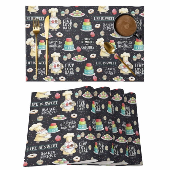 Cartoon Chef Cakes Placemats Set of 8 Country Funny Food Dessert Black ...