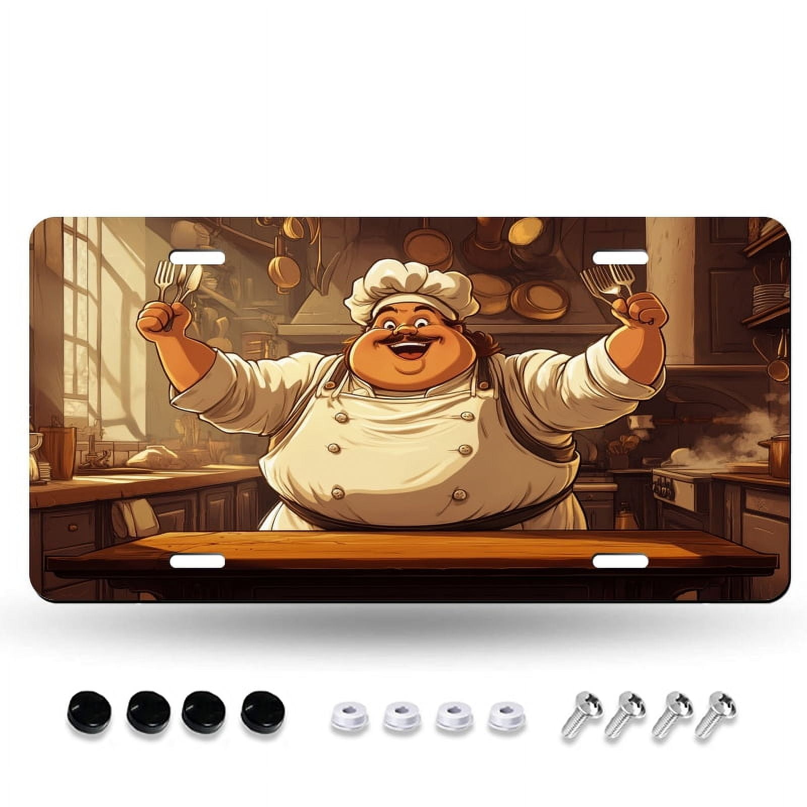 Cartoon Chef Character Holding Kitchen Utensils License Plate Frame ...