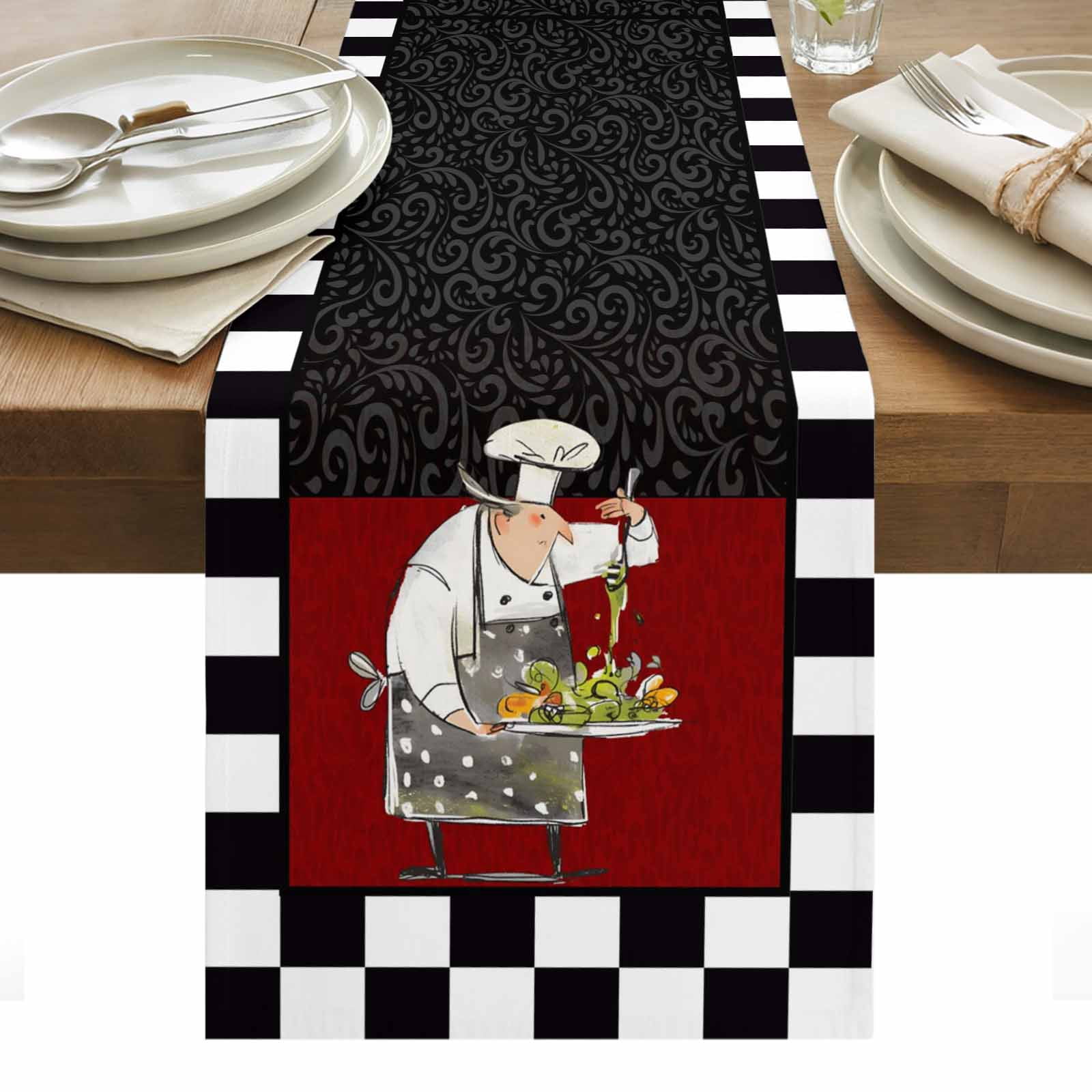 Cartoon Chef Gourmet Red Vintage Floral Black Plaid Table Runner ...