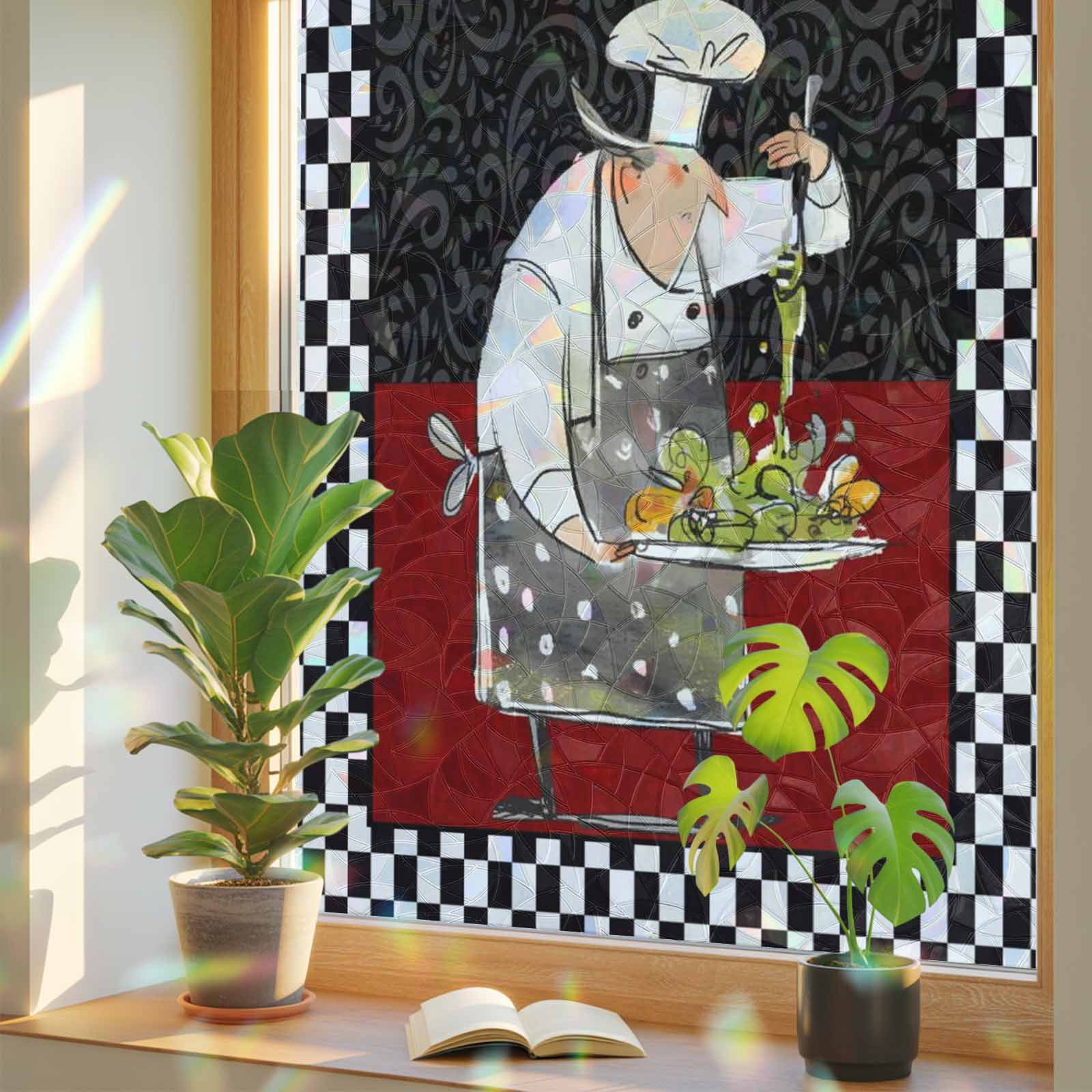 Cartoon Chef Gourmet Red Vintage Floral Black Plaid Window Privacy Film ...