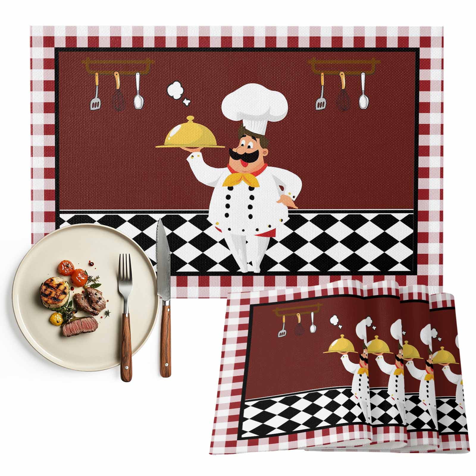 Cartoon Chef Kitchen Placemat of 1 PC, Gourmet Rustic Farmhouse Red ...