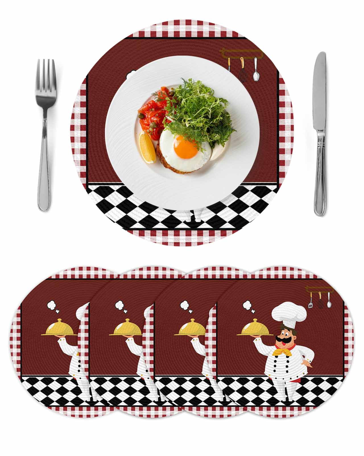 Cartoon Chef Kitchen Round Table Placemats set of 4, Gourmet Rustic ...