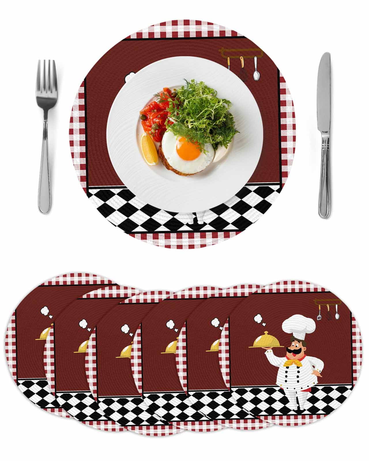 Cartoon Chef Kitchen Round Table Placemats set of 6, Gourmet Rustic ...