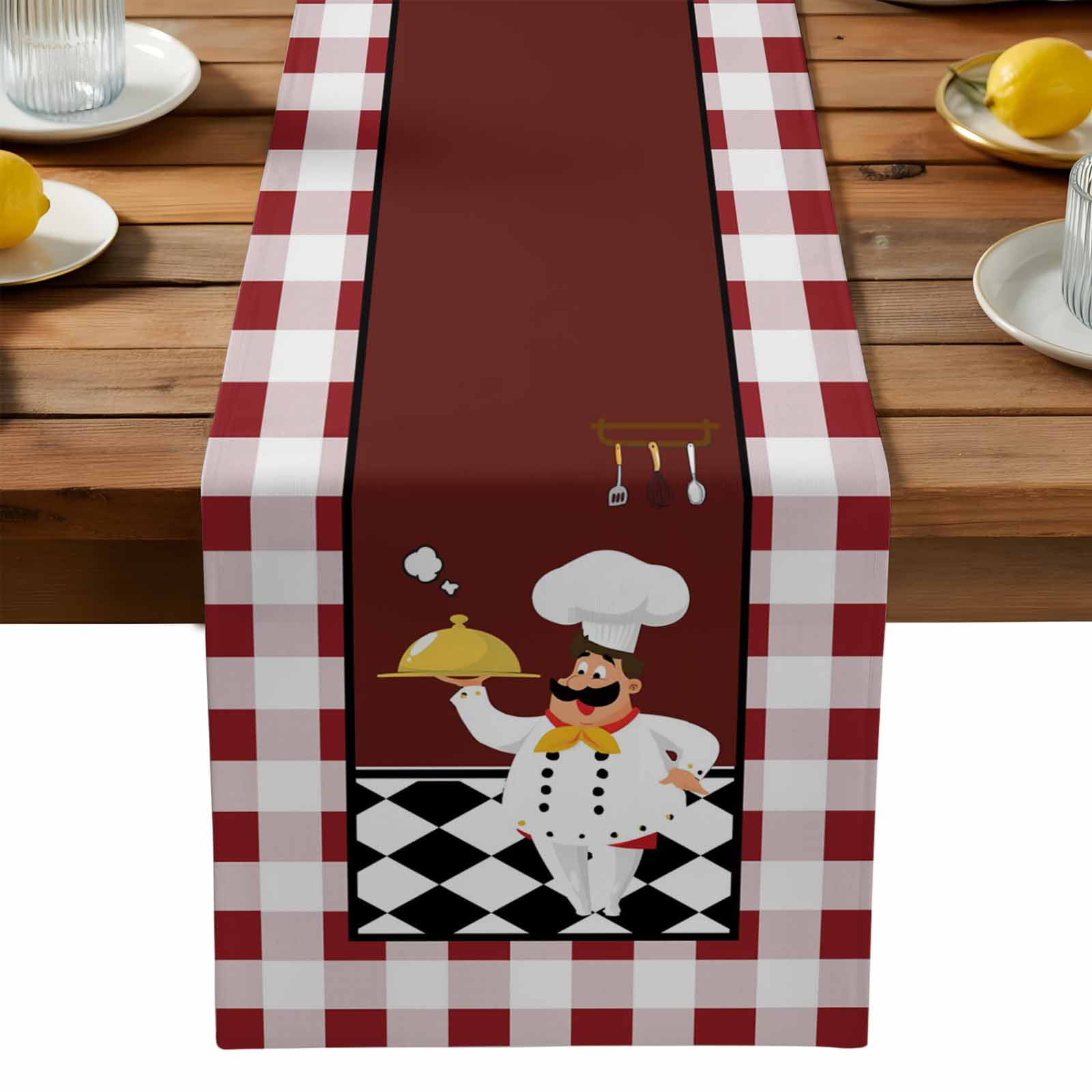Cartoon Chef Kitchen Table Runner, Gourmet Rustic Farmhouse Red Plaid ...