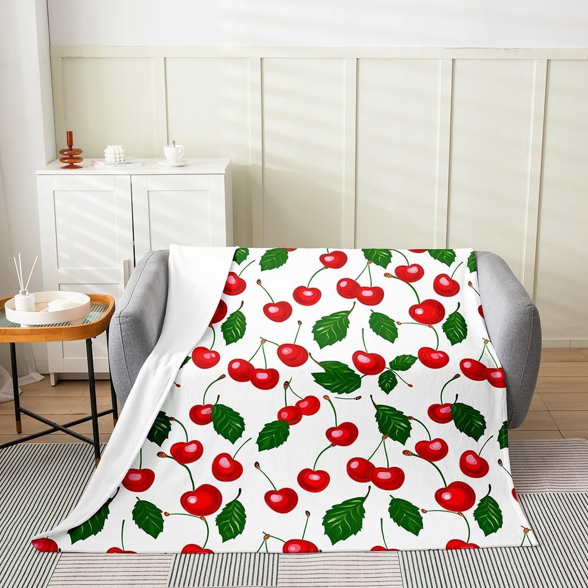 Cartoon Cherry Flannel Fleece Throw Blanket White Cherry Fuzzy Blanket ...