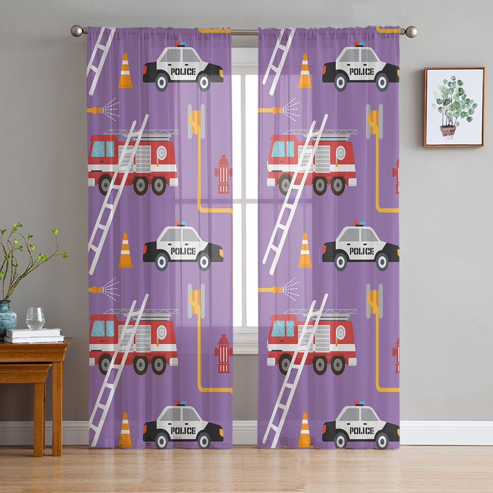 Cartoon Child Car Transportation Tulle Sheer Window Curtains for Living ...