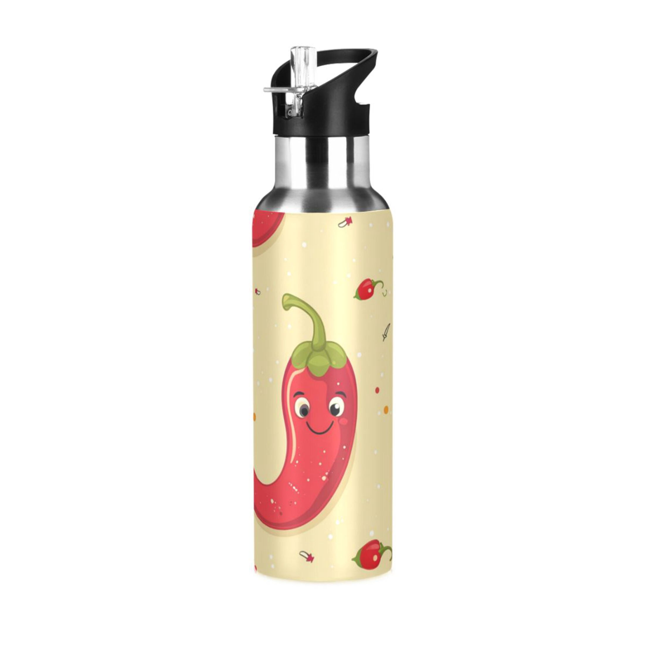 Cartoon Chilli with Happy Faces Sports Bottle with Straw Stainless ...