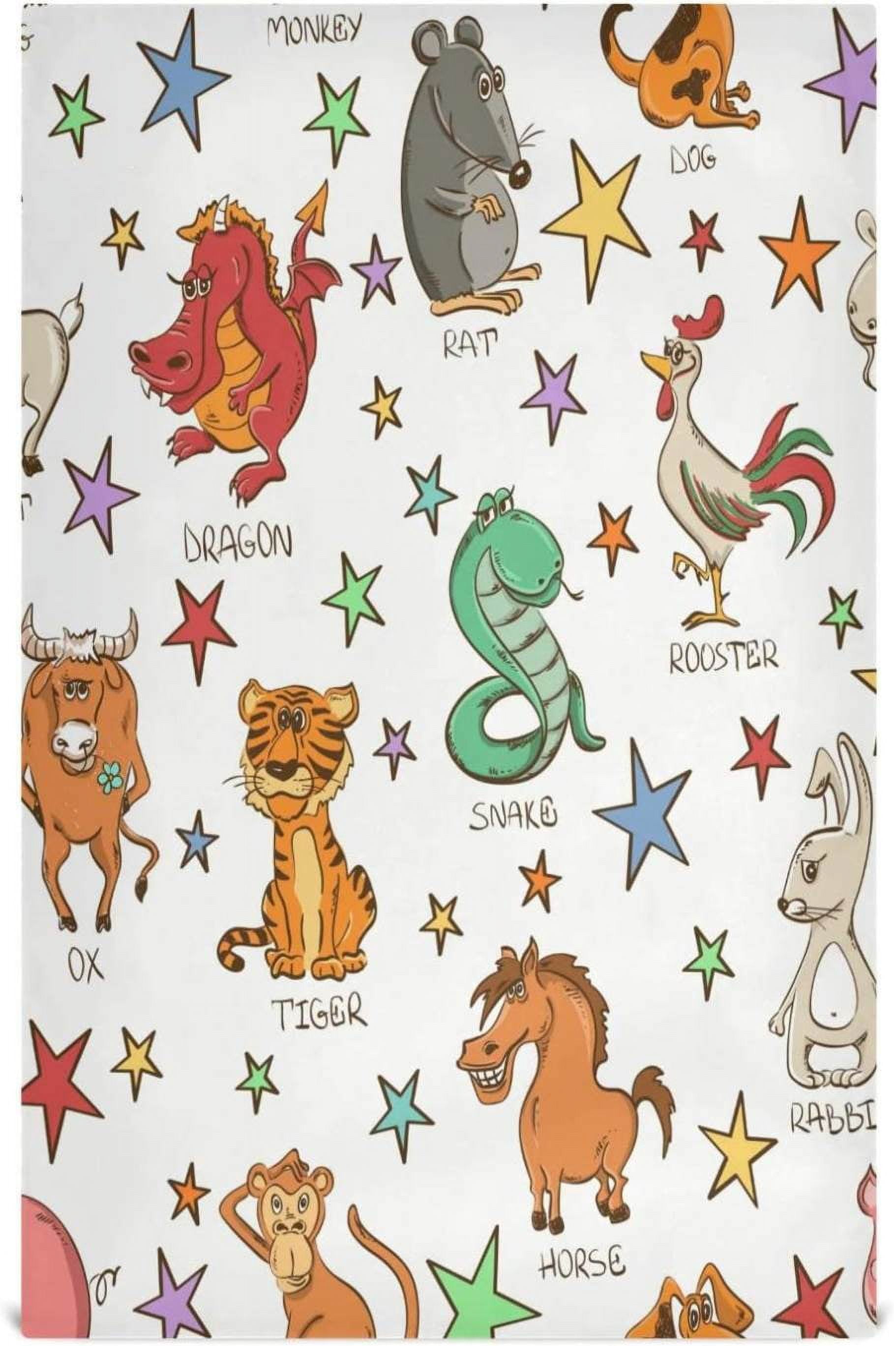 Cartoon Chinese Zodiac Animals Kitchen Dish Towels Set of 1, Colorful ...