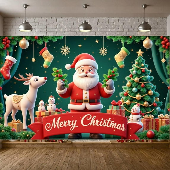 Cartoon Christmas Banner Red Theme Holiday Banner Gold Decoration Green ...