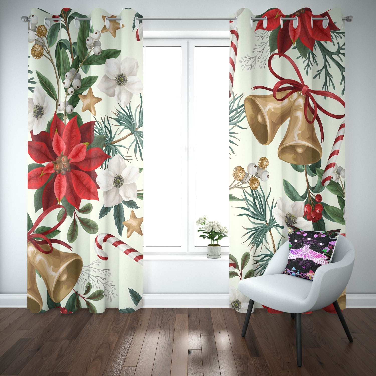 Cartoon Christmas Bell Flower Happy New Year Window Curtains Drapes for ...