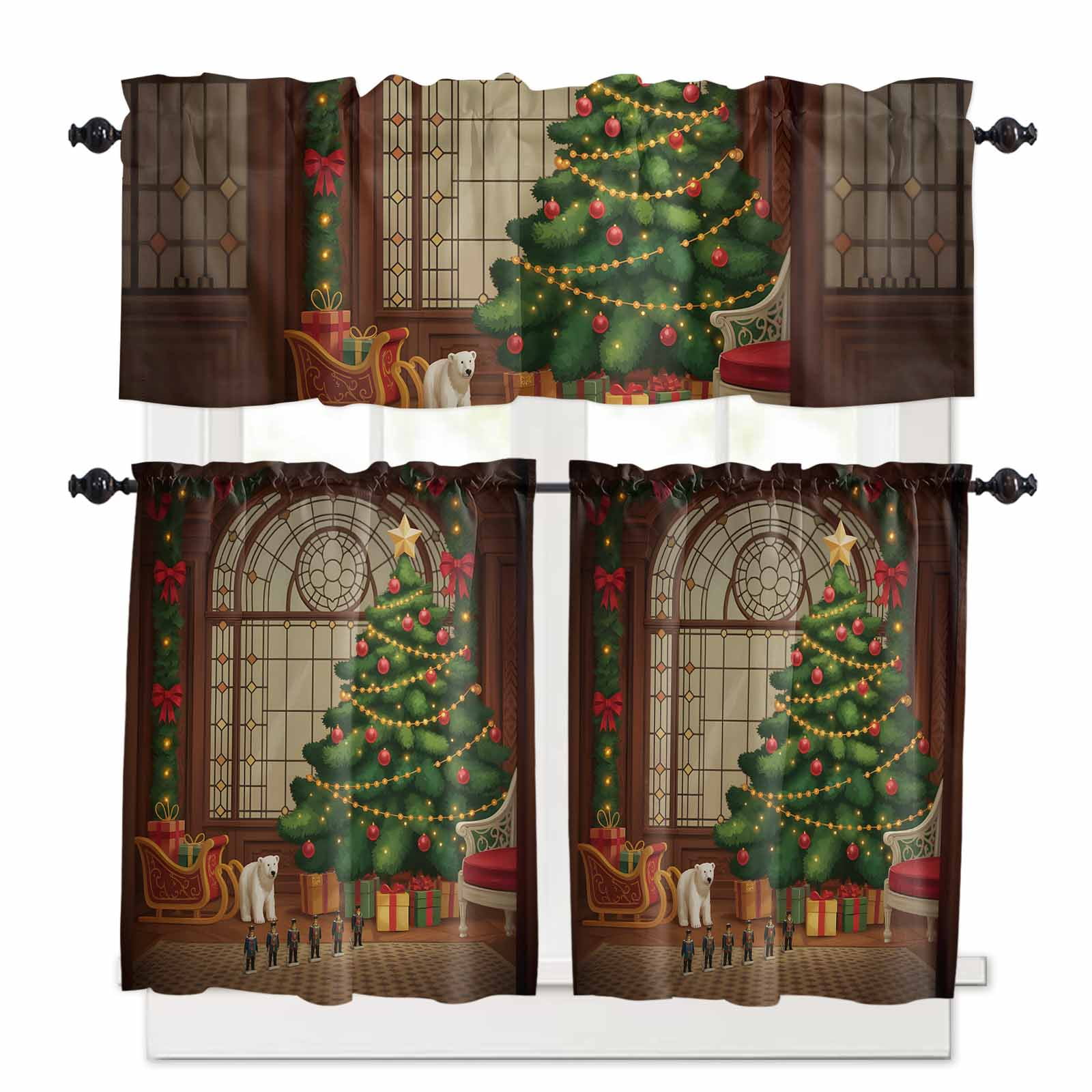 Cartoon Christmas Kitchen Curtains and Valances Set, Retro Xmas Tree ...