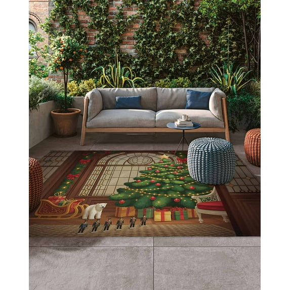 Cartoon Christmas Outdoor Rug, Retro Xmas Tree Balls Gift Box Bear Toy ...