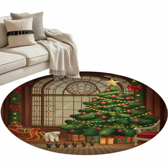 Cartoon Christmas Round Area Rug 4ft Retro Xmas Tree Balls Gift Box ...
