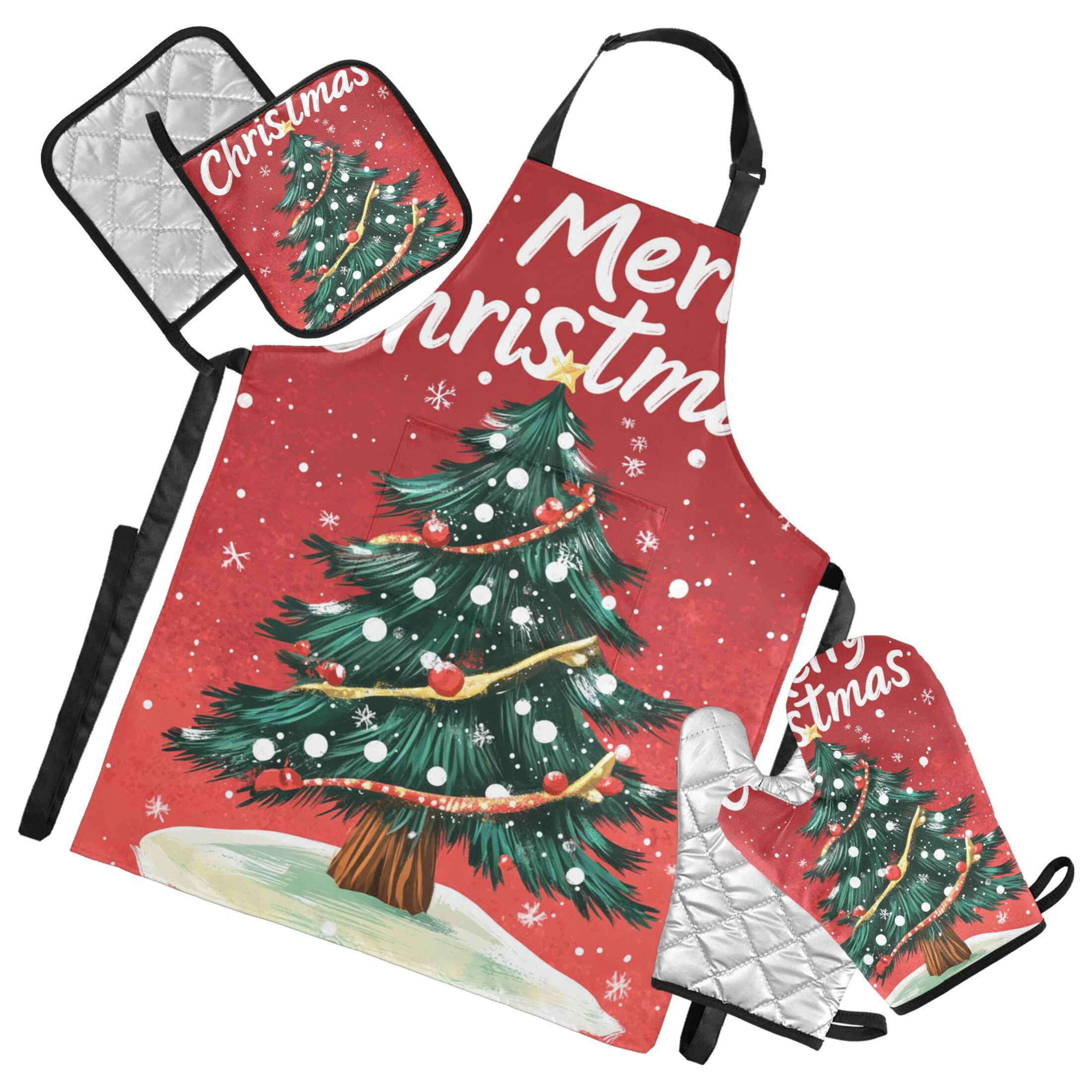 Cartoon Christmas Tree Oven Mitts and Pot Holders with Chef Apron Set 5 ...