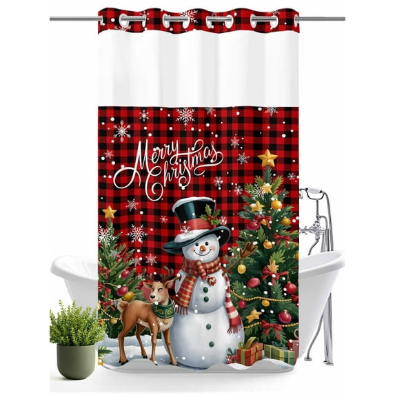 Cartoon Christmas Tree Snowman Elk No Hooks Shower Curtain with Snap in ...