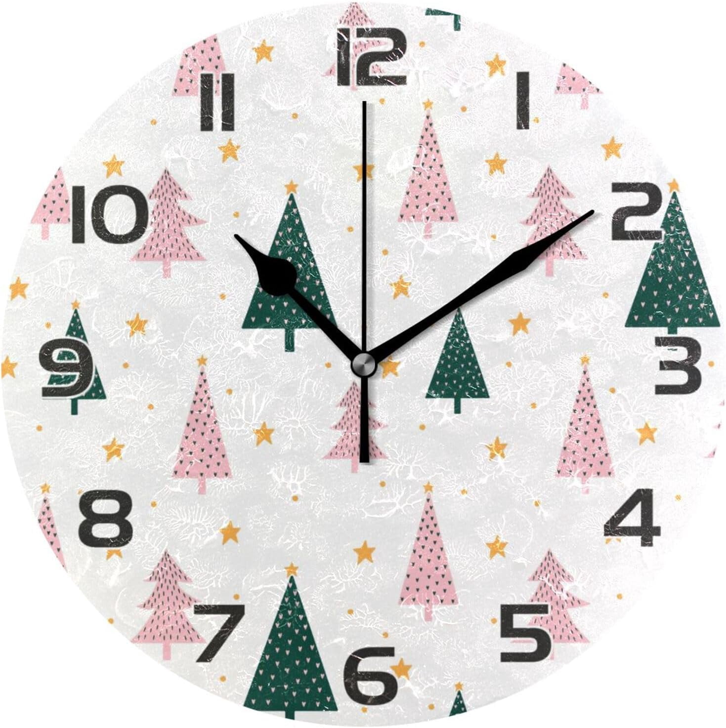 Cartoon Christmas Tree Wall Clock Round Vintage Silent Non Ticking ...