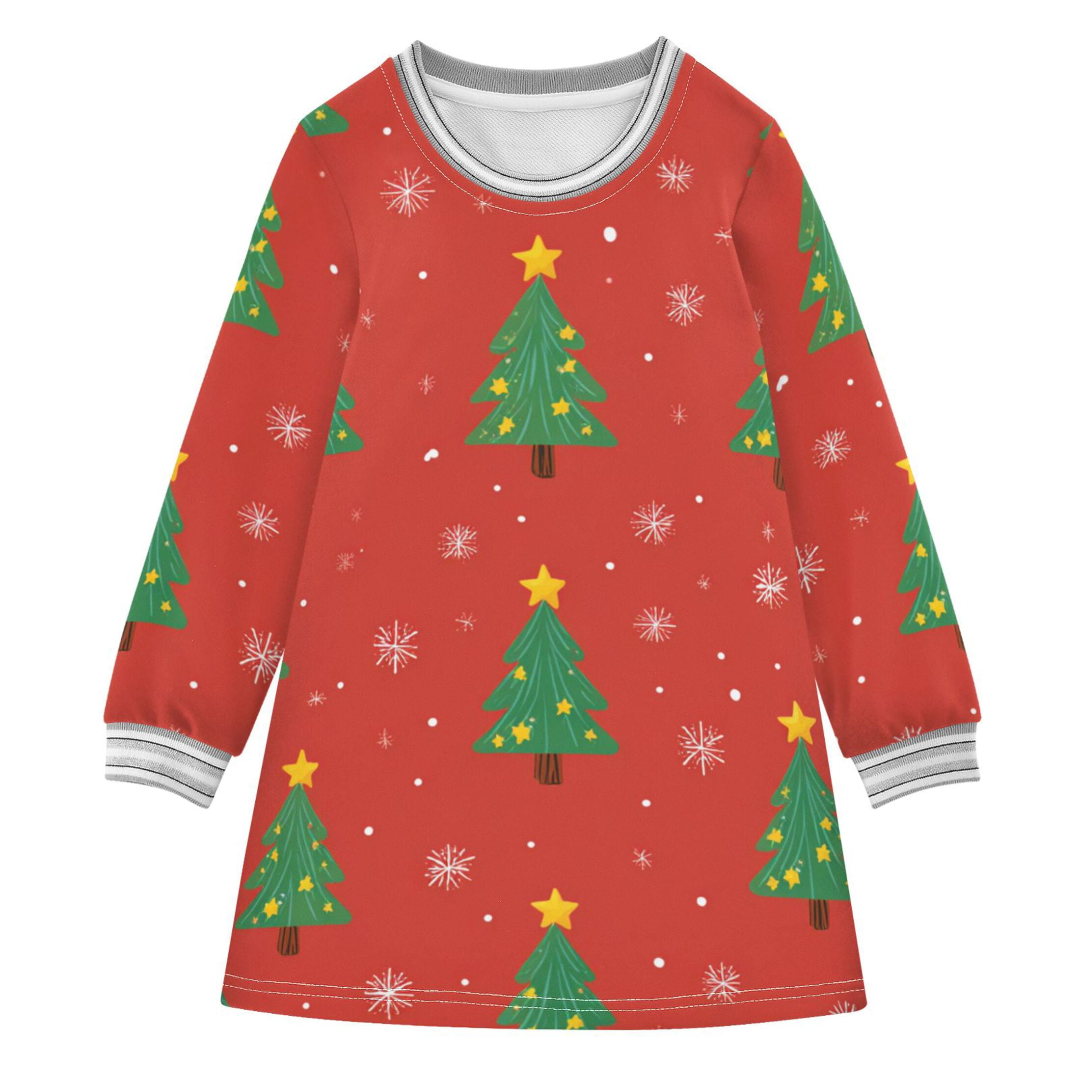 Cartoon Christmas Trees with Stars Long-sleeved Dress A-line One-Piece ...