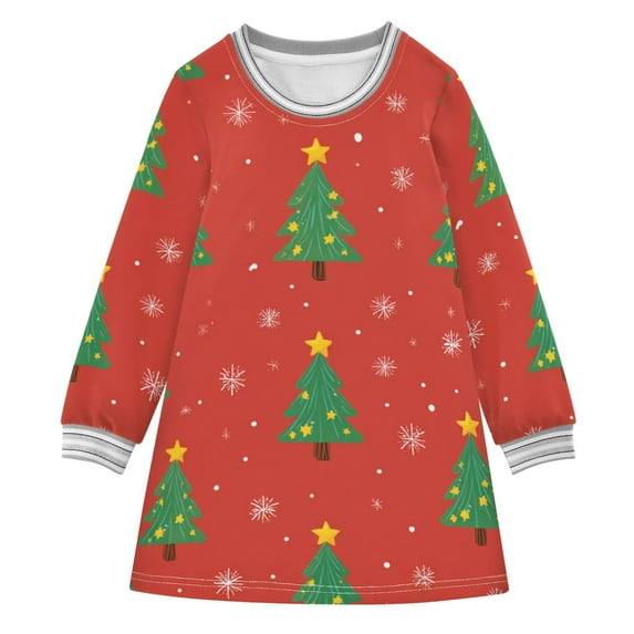 Cartoon Christmas Trees with Stars Long-sleeved Dress A-line One-Piece ...