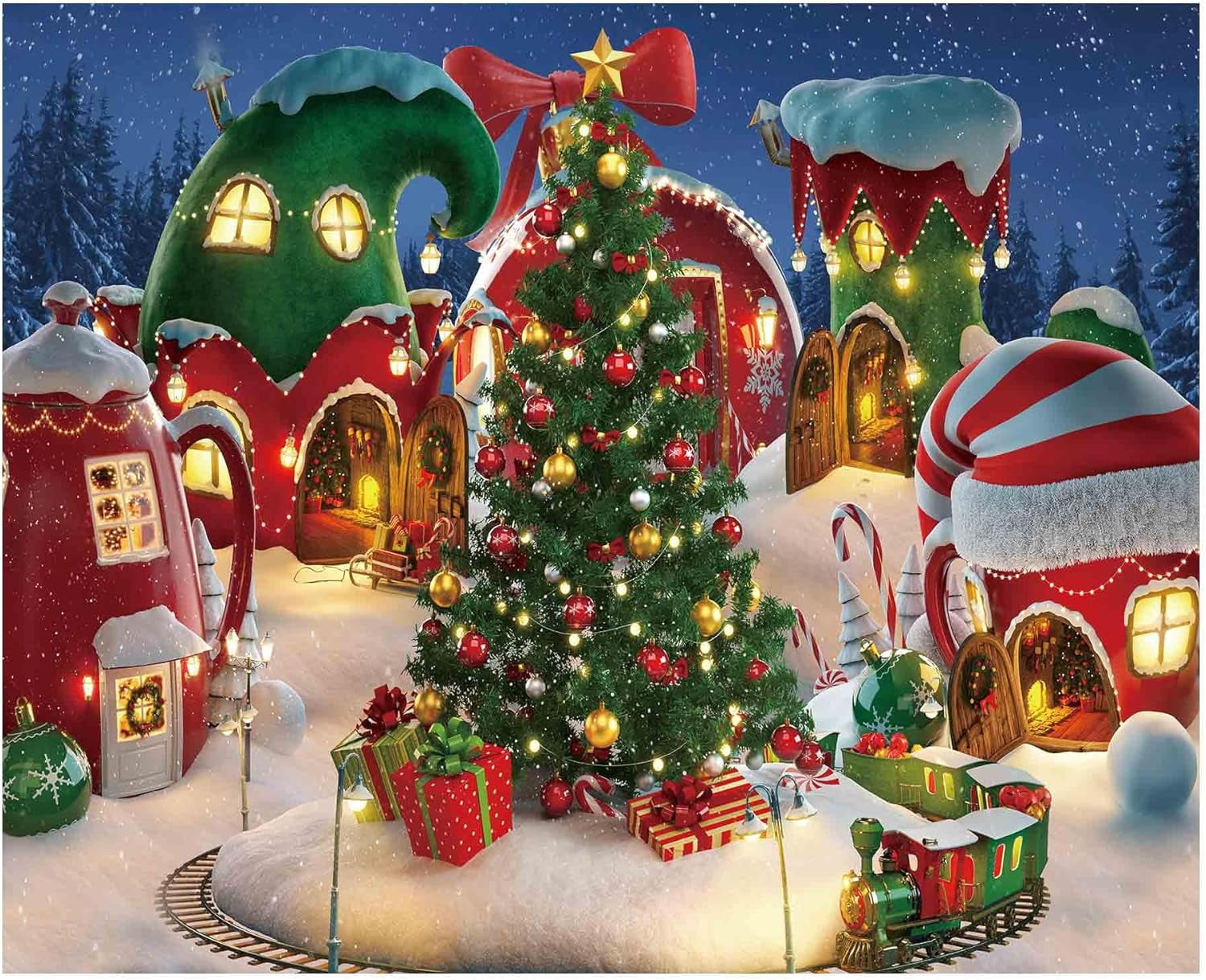 Cartoon Christmas Village Photography Backdrop Winter Snow Pine Tree ...