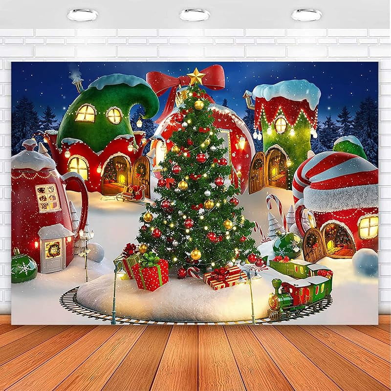 Cartoon Christmas Village Photography Backdrop Winter Snow Xmas Tree ...