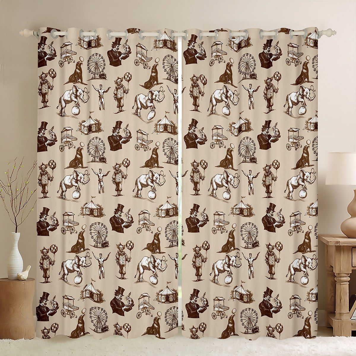 Cartoon Circus Curtains,Cartoon Clown Elephant Ferris Wheel Window ...