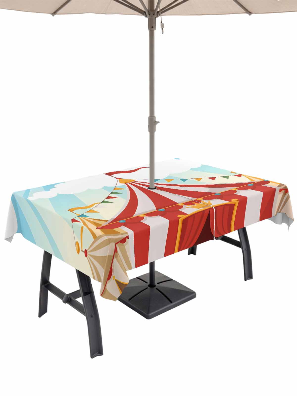 Cartoon Circus Rectangle Outdoor Tablecloth with Umbrella Hole Carnival ...