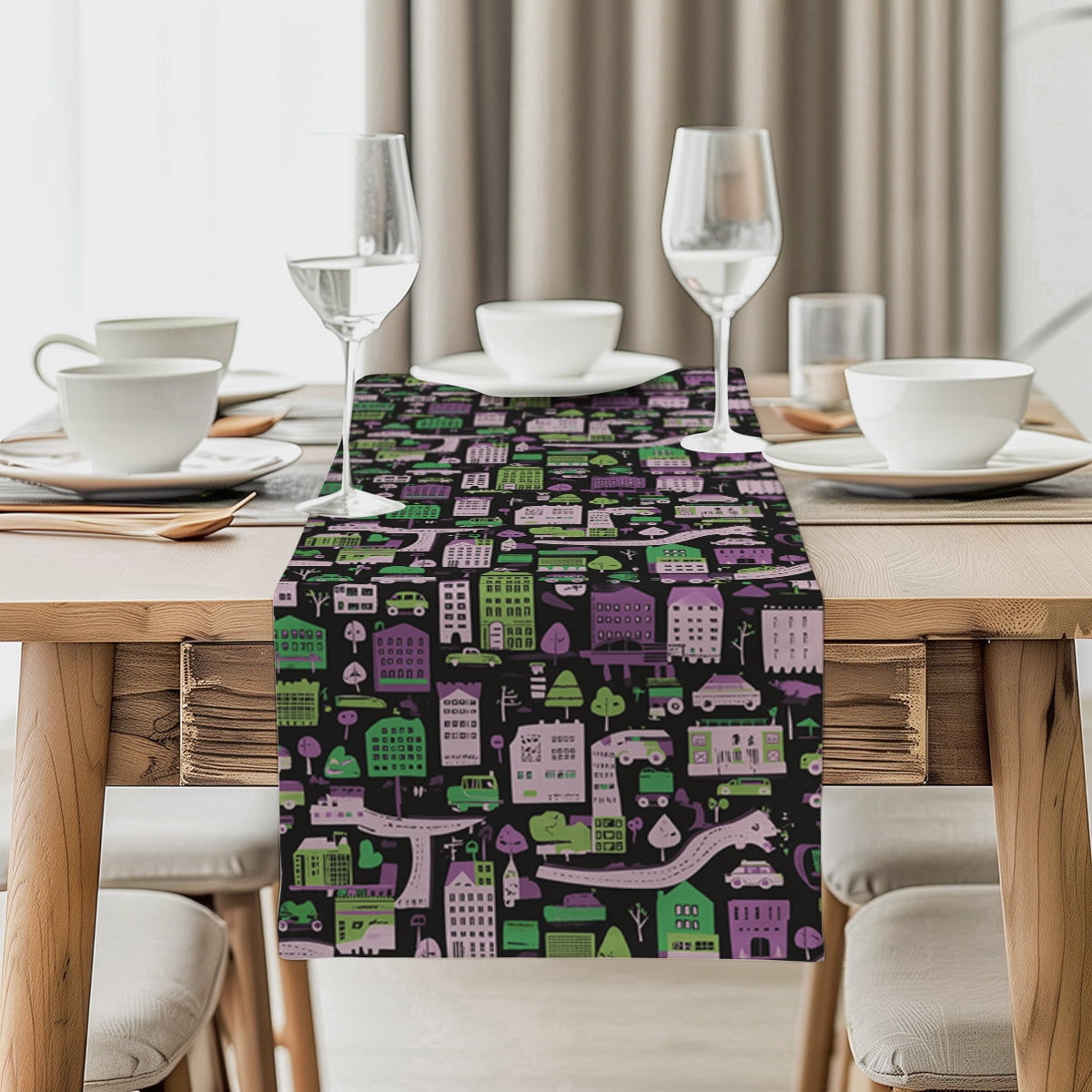 Cartoon City Abstract Town Table Runner Polyester Table Runners for ...