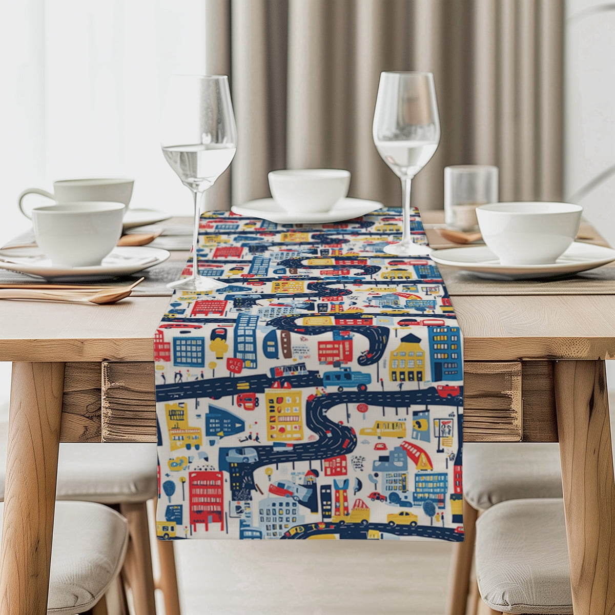 Cartoon City Abstract Town Table Runner Polyester Table Runners for ...