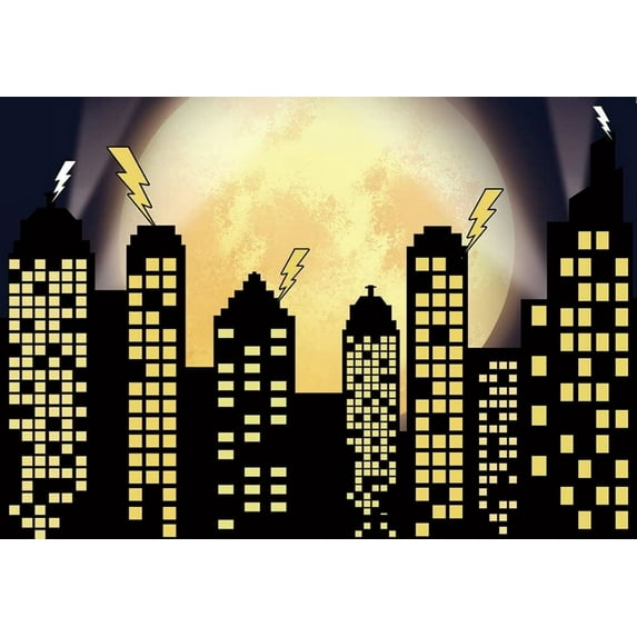 Cartoon City Backdrop Skyline Buildings Full Moon Photo Background ...