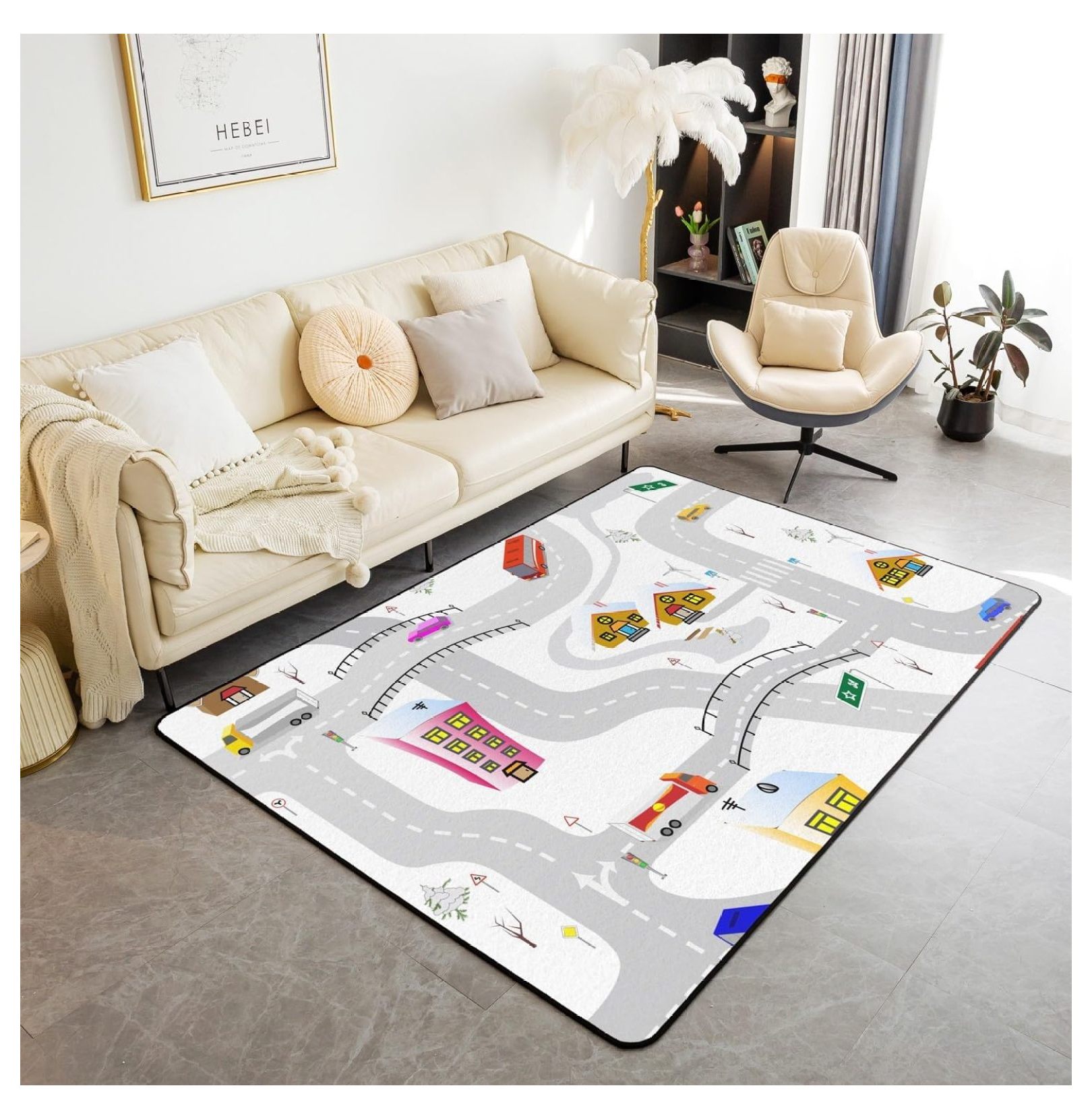 Cartoon City Map Area Rug 3'x5',House Cars Road Trees Non Slip Carpet ...