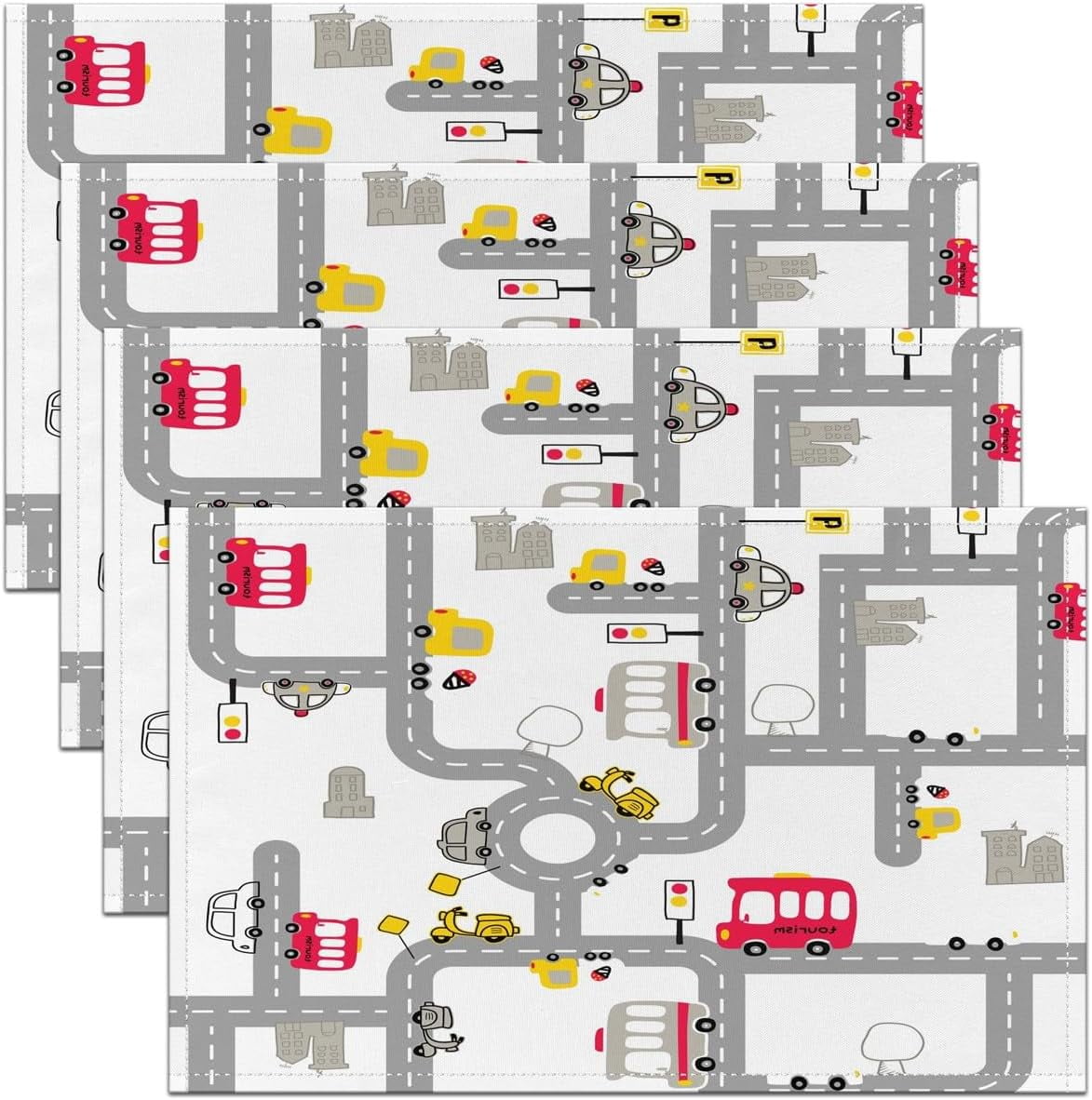 Cartoon City Map Placemats Set of 4 Car Race Track Print Table Place ...